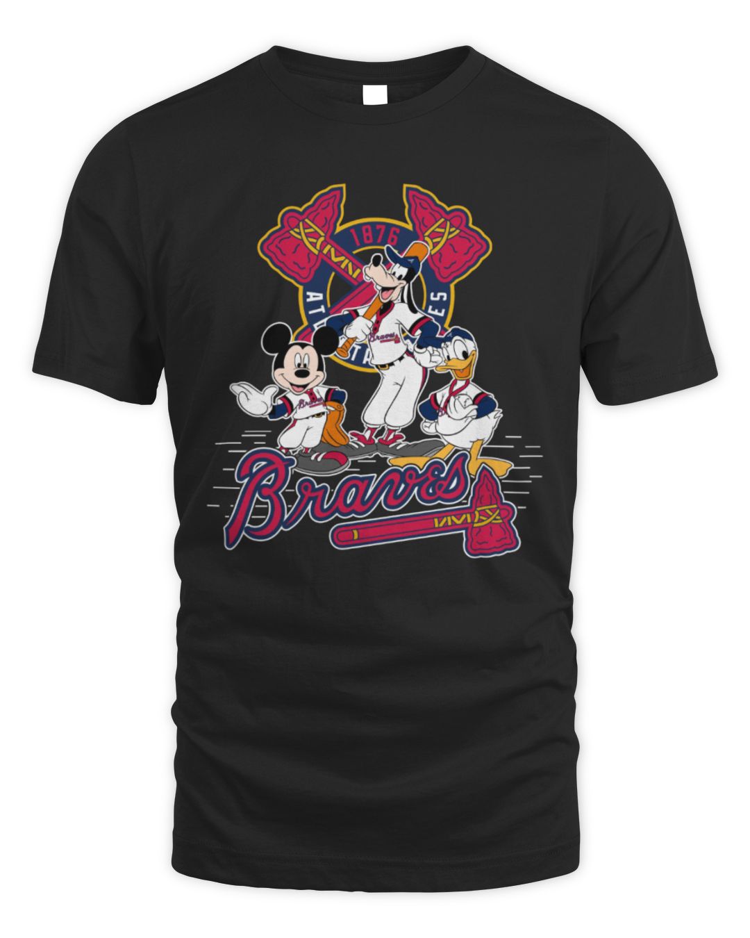 Atlanta Braves Mickey Mouse Donald Duck Goofy Baseball 2024 Tee Black
