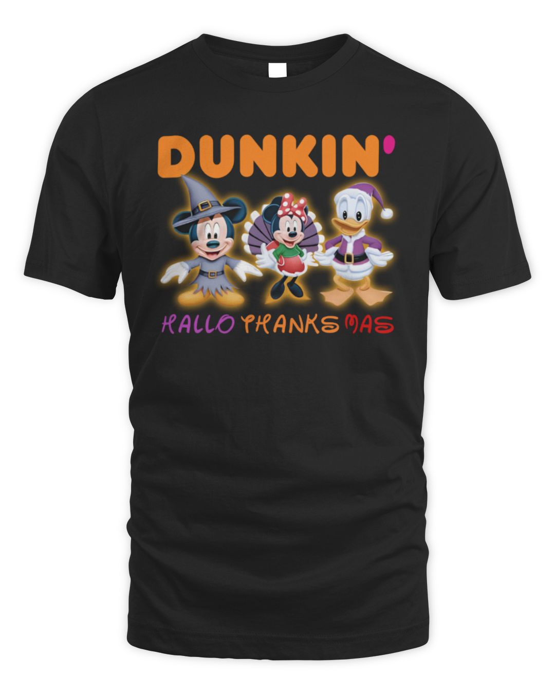 Mickey And Minnie And Donald Duck Dunkin’ HalloThanksMas 2024 Tee Shirt
